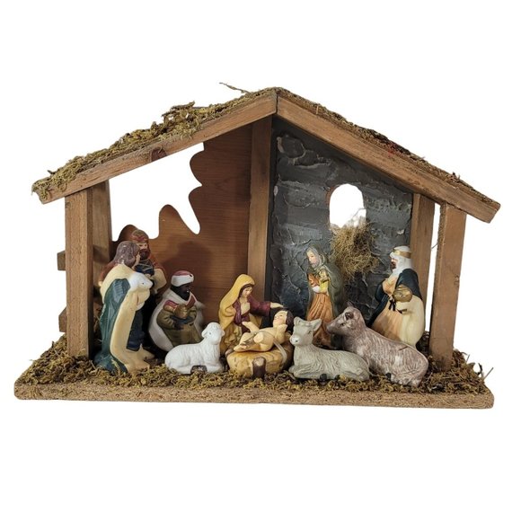 Unbranded | Holiday | Vtg Nativity Scene 2 Pieces Wood Stable Barn Hand ...